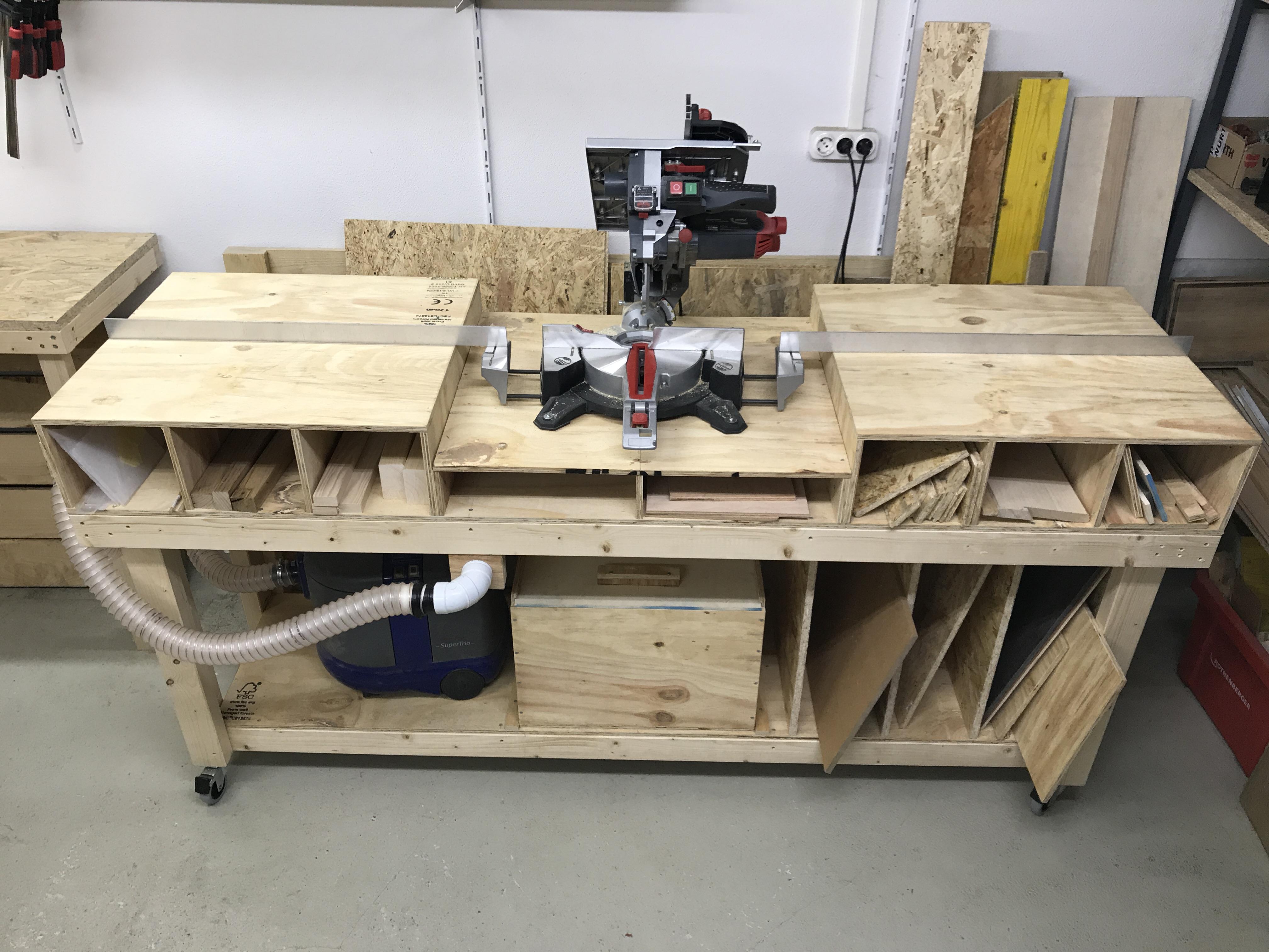 I built a simple mobile Miter Saw Station with wood storage, cutoff bin and a place for a vacuum ...