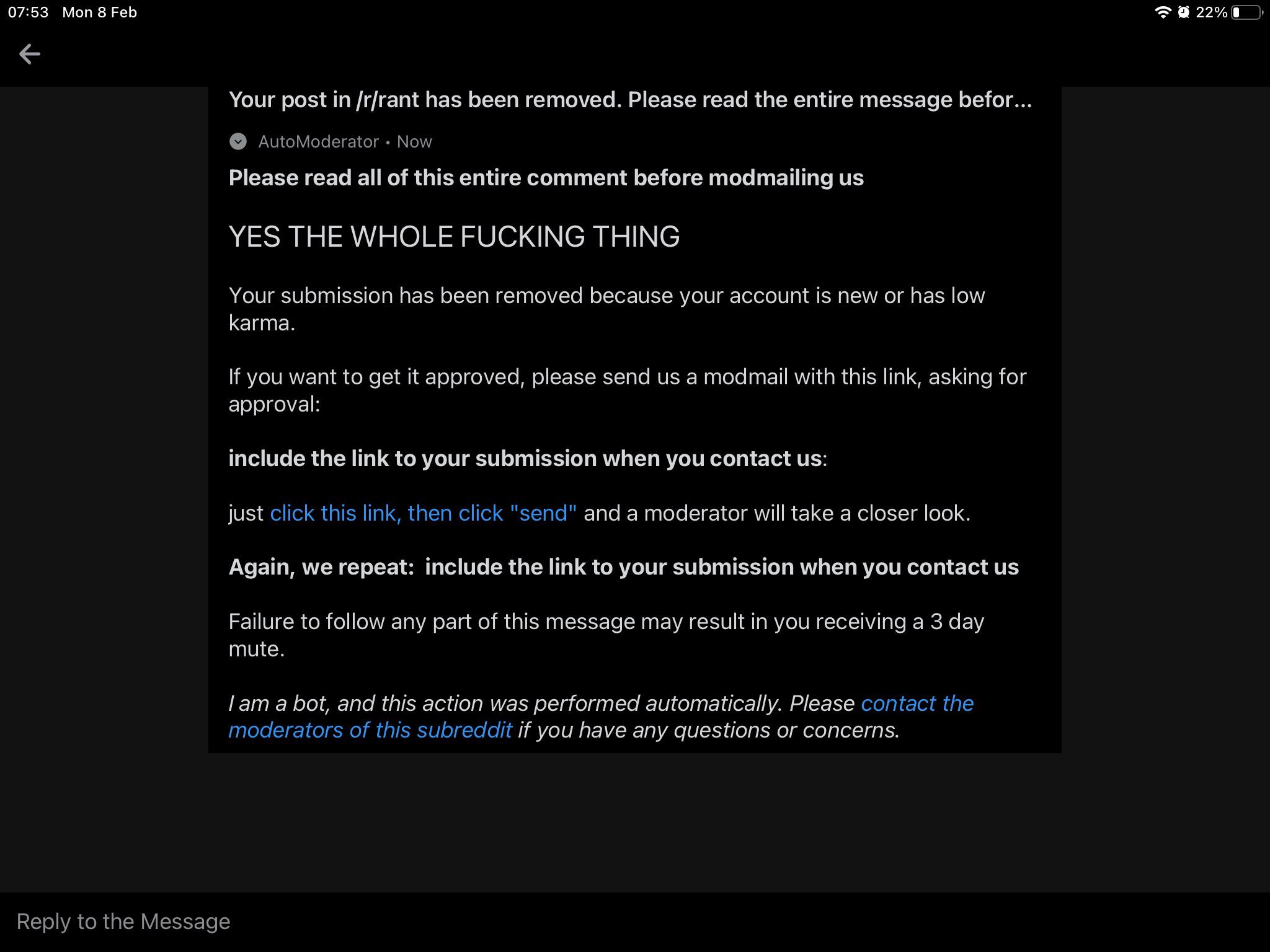 I can’t post anywhere because of my low karma on this account that is OVER A YEAR OLD! Wanted to ...