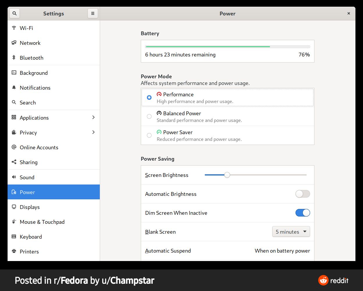 I don't have power mode in my settings?? WHY? I'm on fedora 34 btw | Scrolller