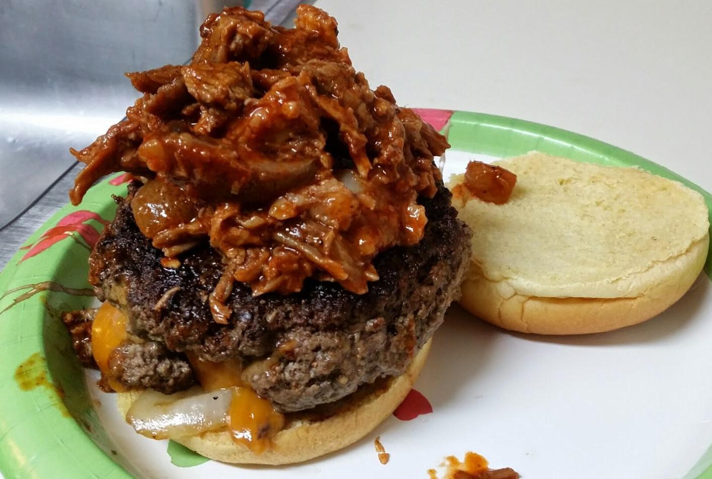 [I Made] A cheese stuffed burger with spicy pulled on top | Scrolller