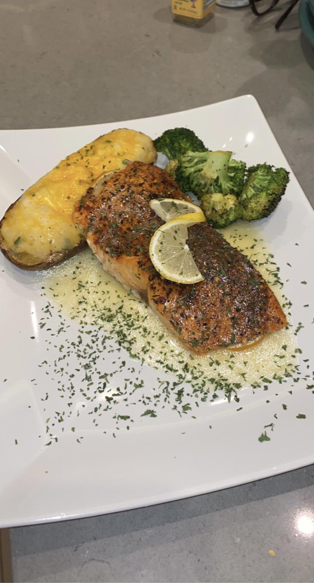 (I made) Blackened salmon grilled on a cedar plank with a lemon Dijon beurre blanc, twice baked ...