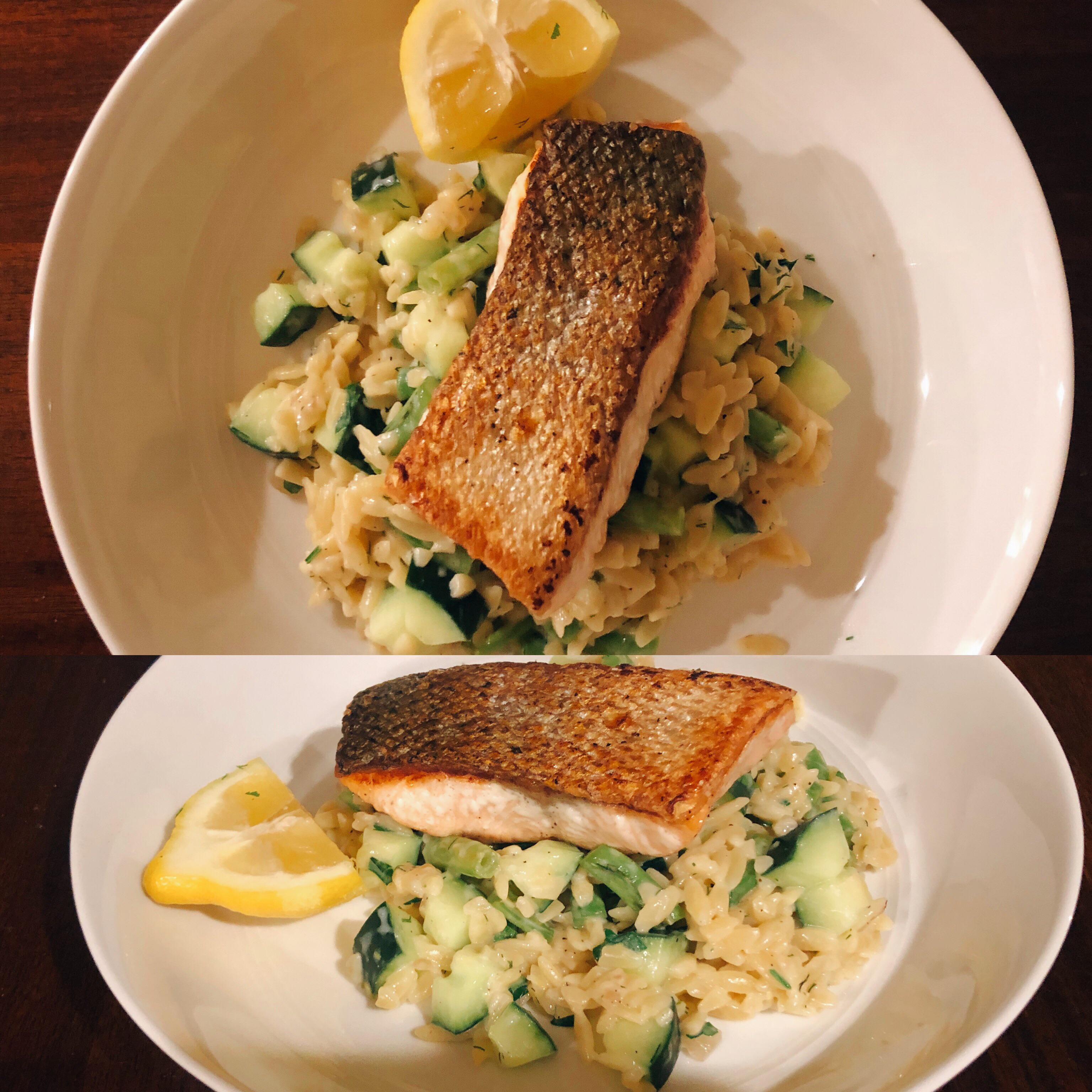 I made crispy salmon over an orzo salad (my phone corrected that to Oreo Salad which sounds good ...