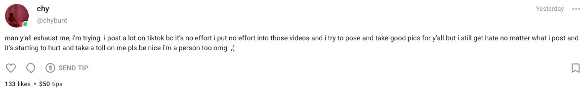 I think she's having a breakdown... Posting 1 picture on OF a day is "taking a toll on me ...