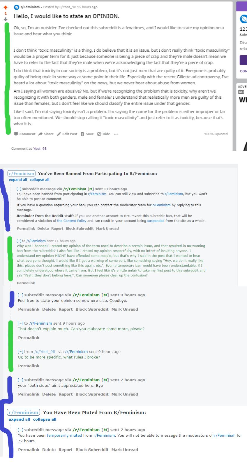 I was banned from r/Feminism for respectfully posting an opinion. I questioned the ban ...