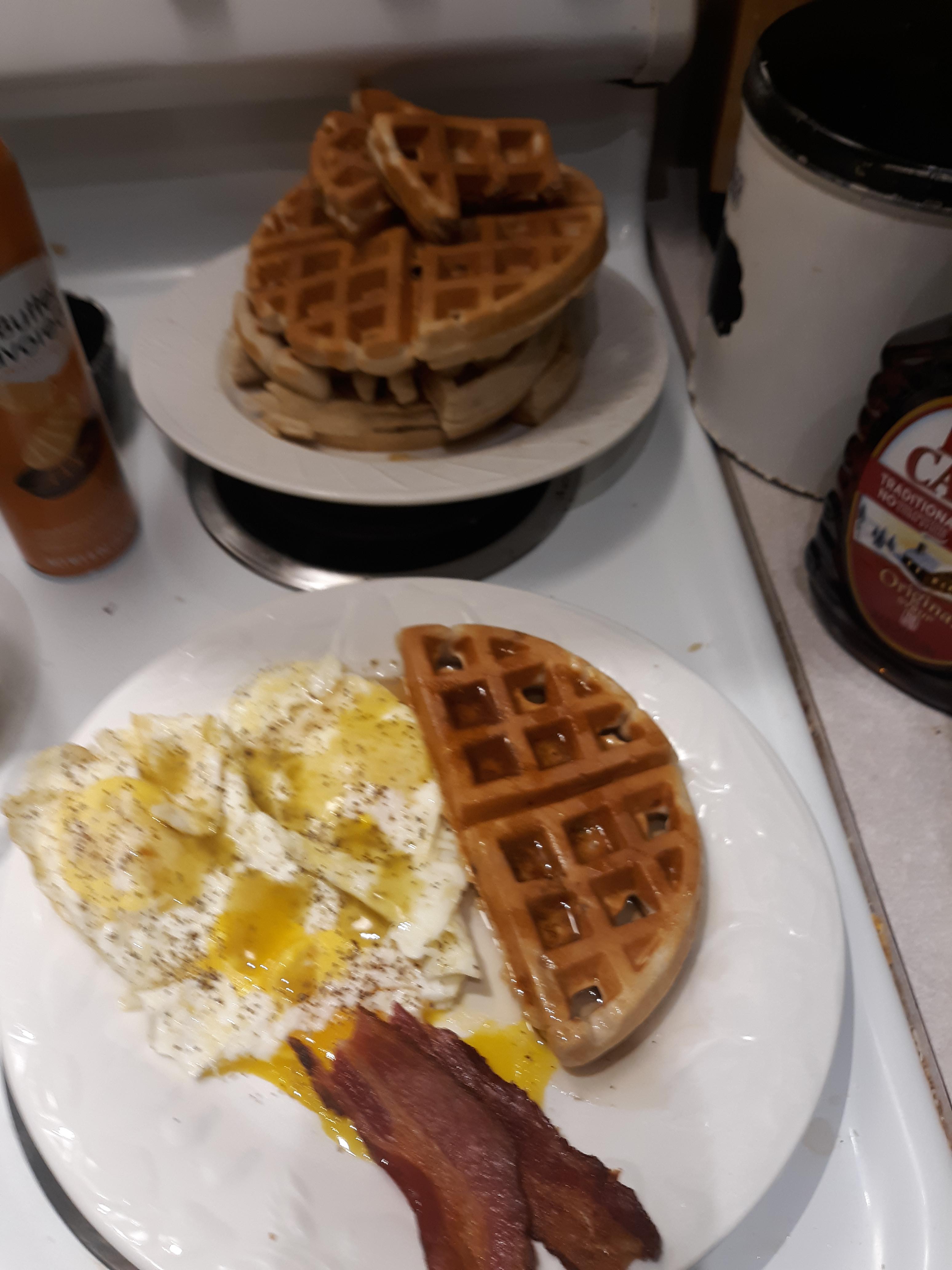 Last Breakfast. Banana walnut waffles, eggs and bacon. | Scrolller