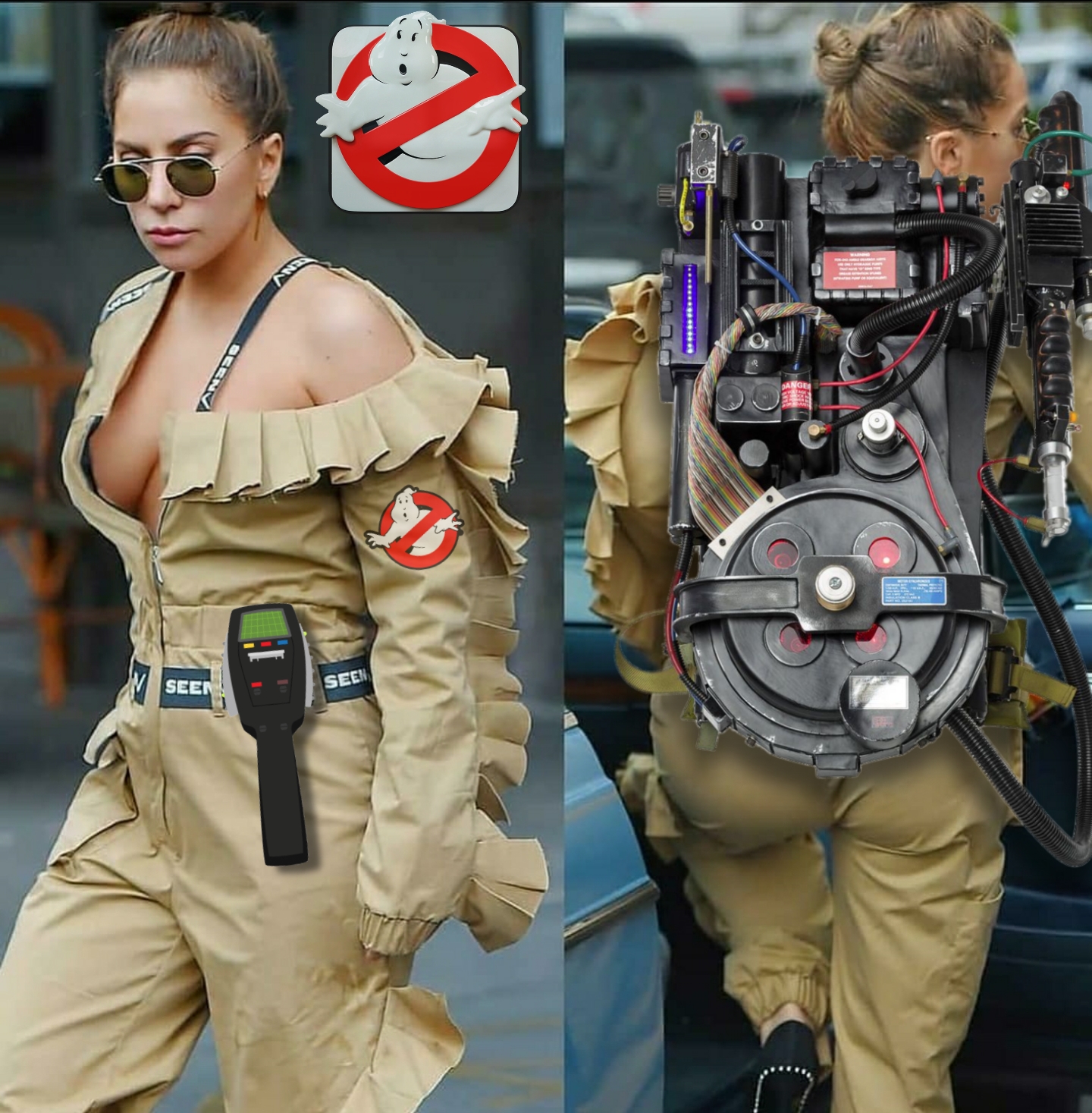 Leaked photo's from the set of the new Ghostbusters film. Lady Gaga in full GB costume ...