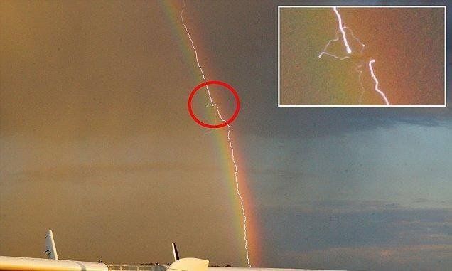 Lightning striking a plane inside a rainbow. | Scrolller