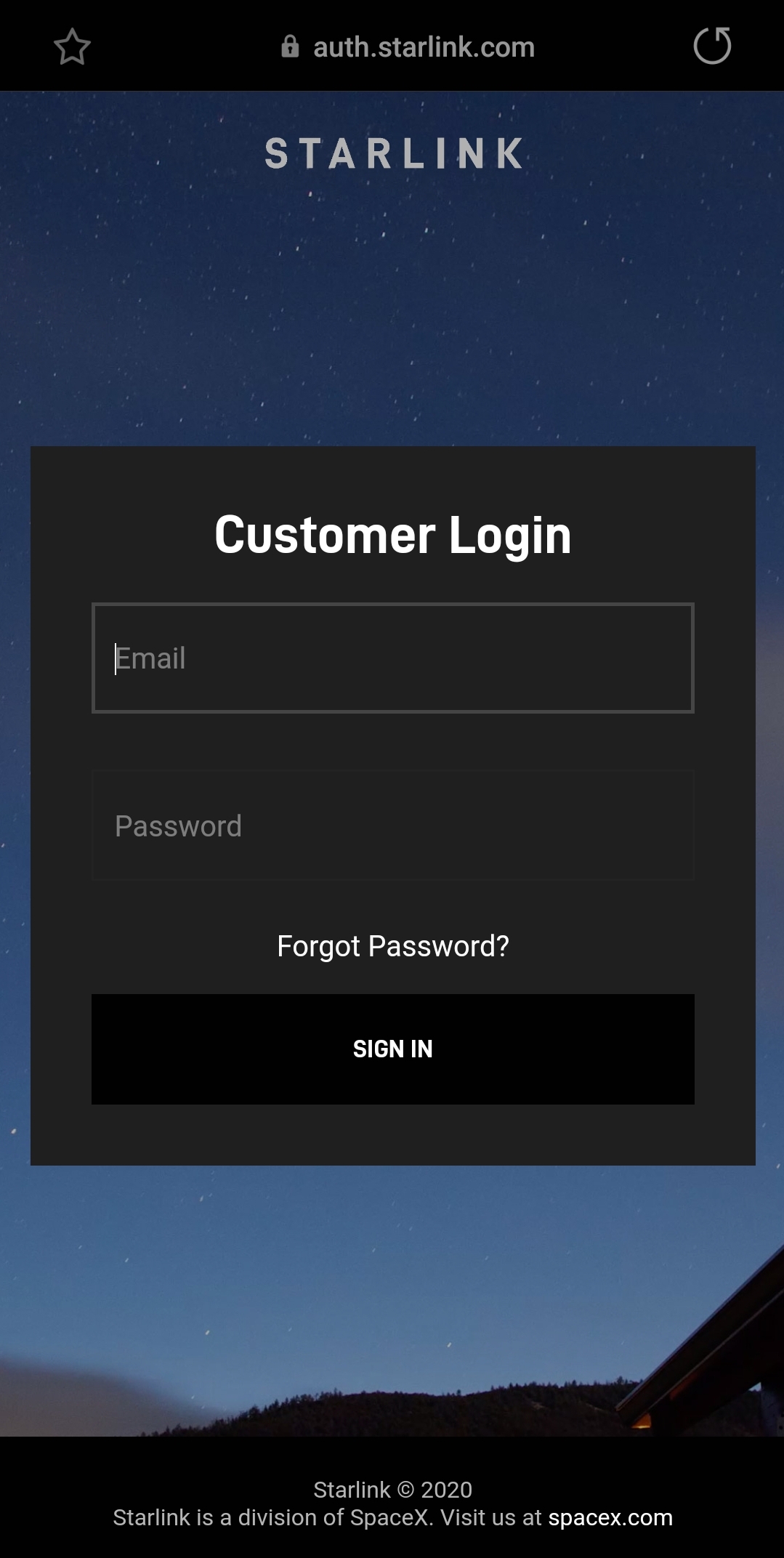 Login section on starlink.com | Scrolller
