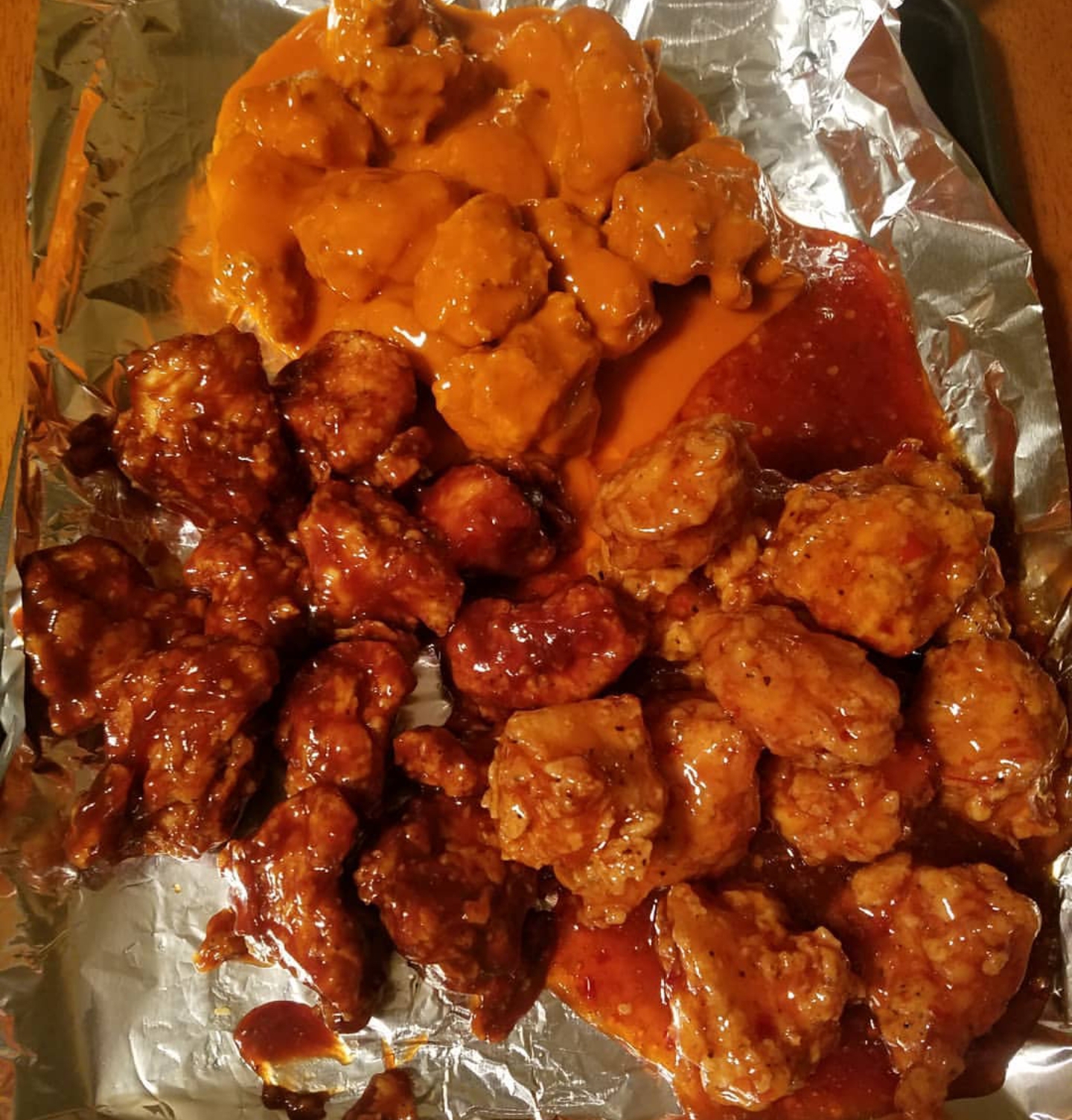 Made my own boneless wings. Buffalo, honey barbecue, and sweet hot chili sauce. | Scrolller