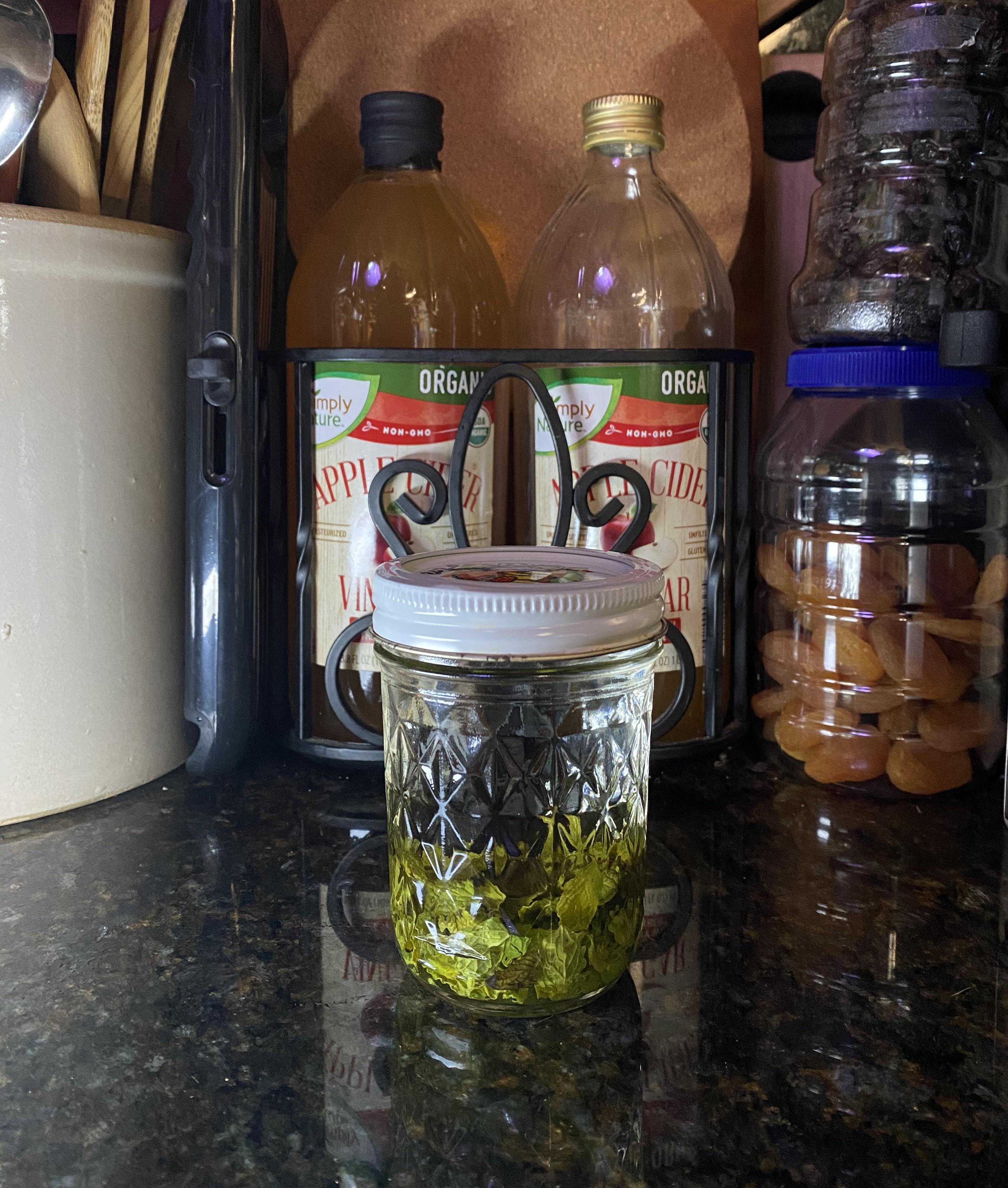 Making mint extract for the first time using one cup of vodka and one half cup of mint leaves ...