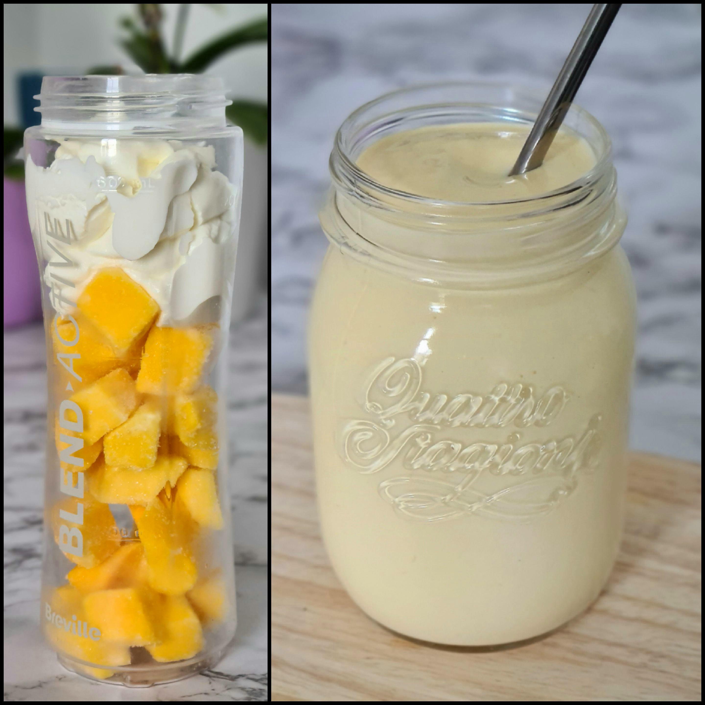 Mango lassi - frozen mango, greek yogurt, honey, pinch of sea salt, blended with almond milk ...