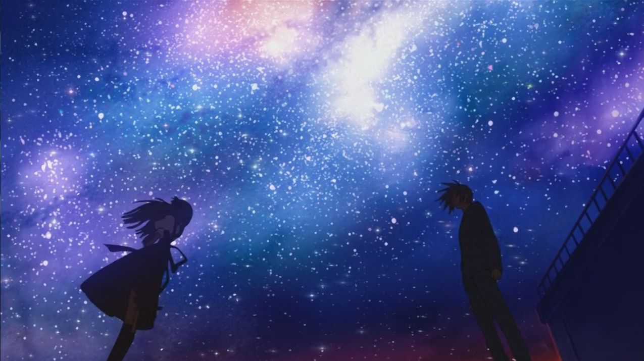 Minagi And Yukito At The Rooftop Nighttime Scrolller