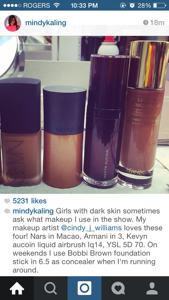 Mindy Kaling posted this instagram photo of some of her favourite foundations. | Scrolller