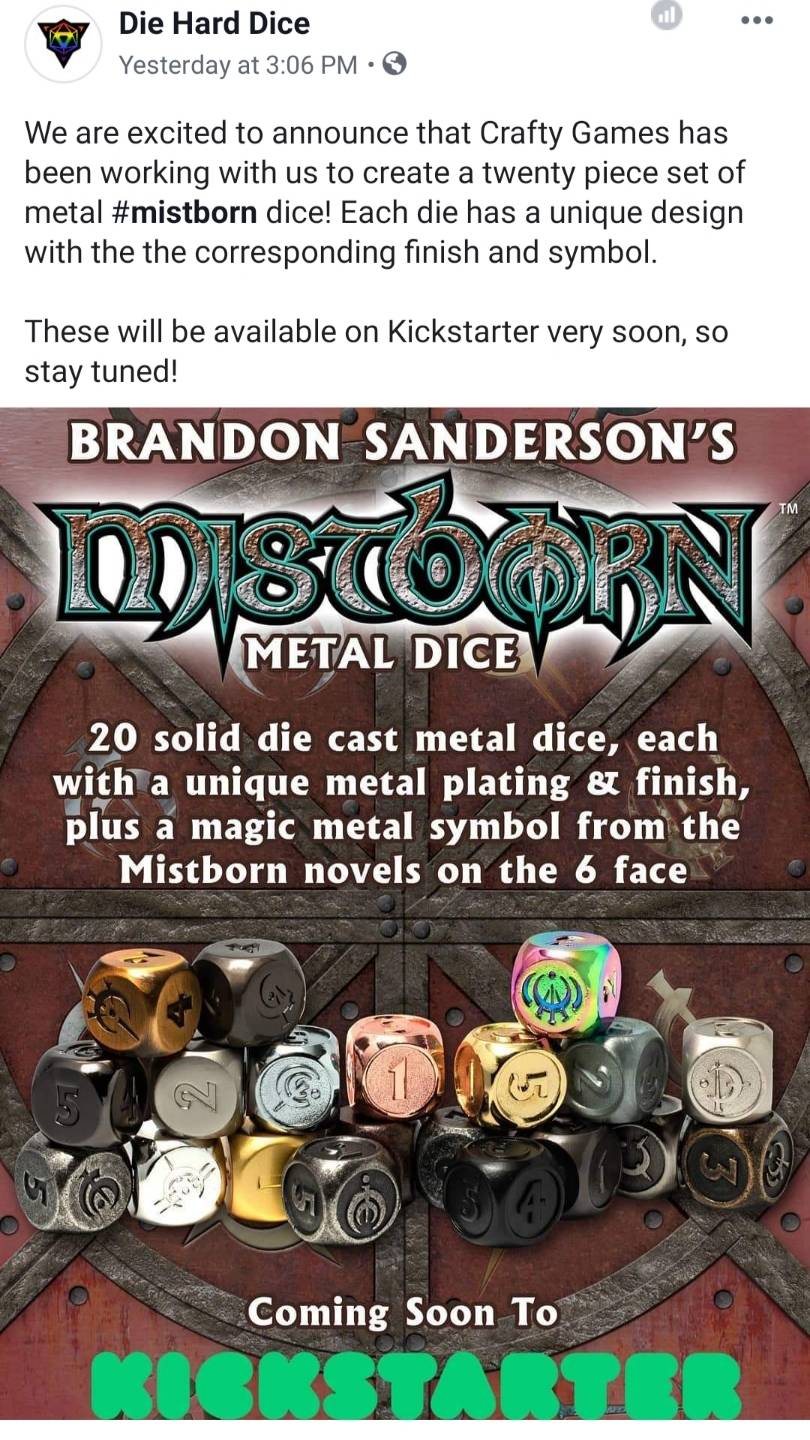 Mistborn metal dice coming soon! | Scrolller