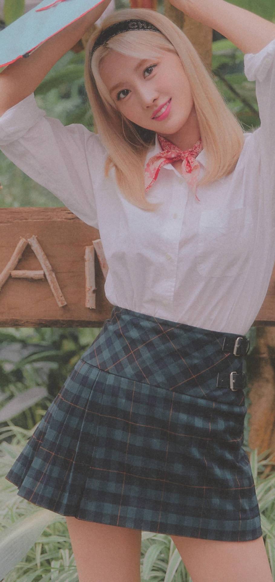 Momo - blonde, black headband, green plaid skirt, white shirt | Scrolller