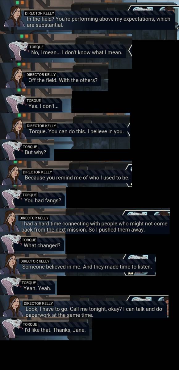 My favourite conversation in the Game. (Missing the first part of Torque mentioning she has a ...