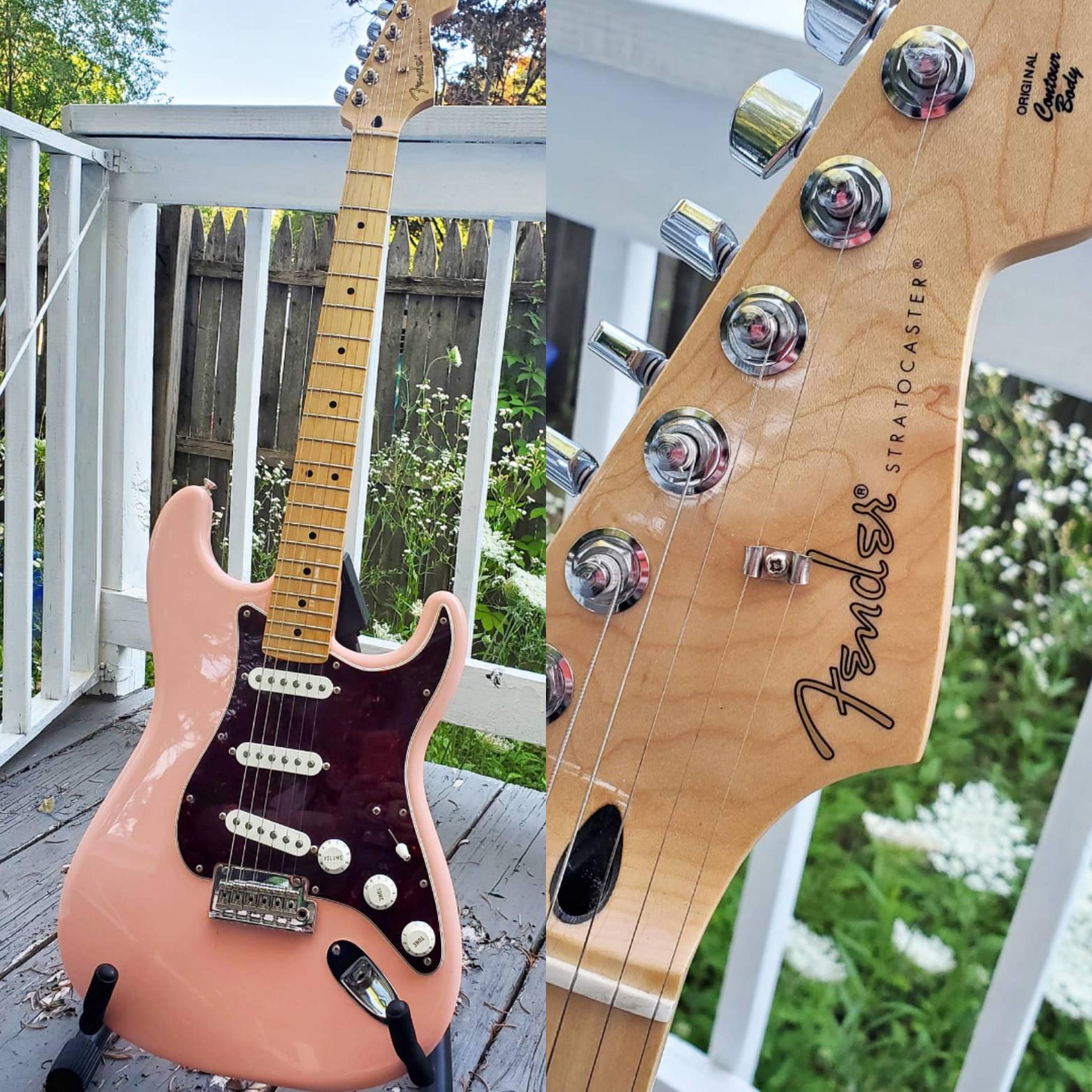 My first strat - MIM player series in shell pink. Love the woodgrain ...