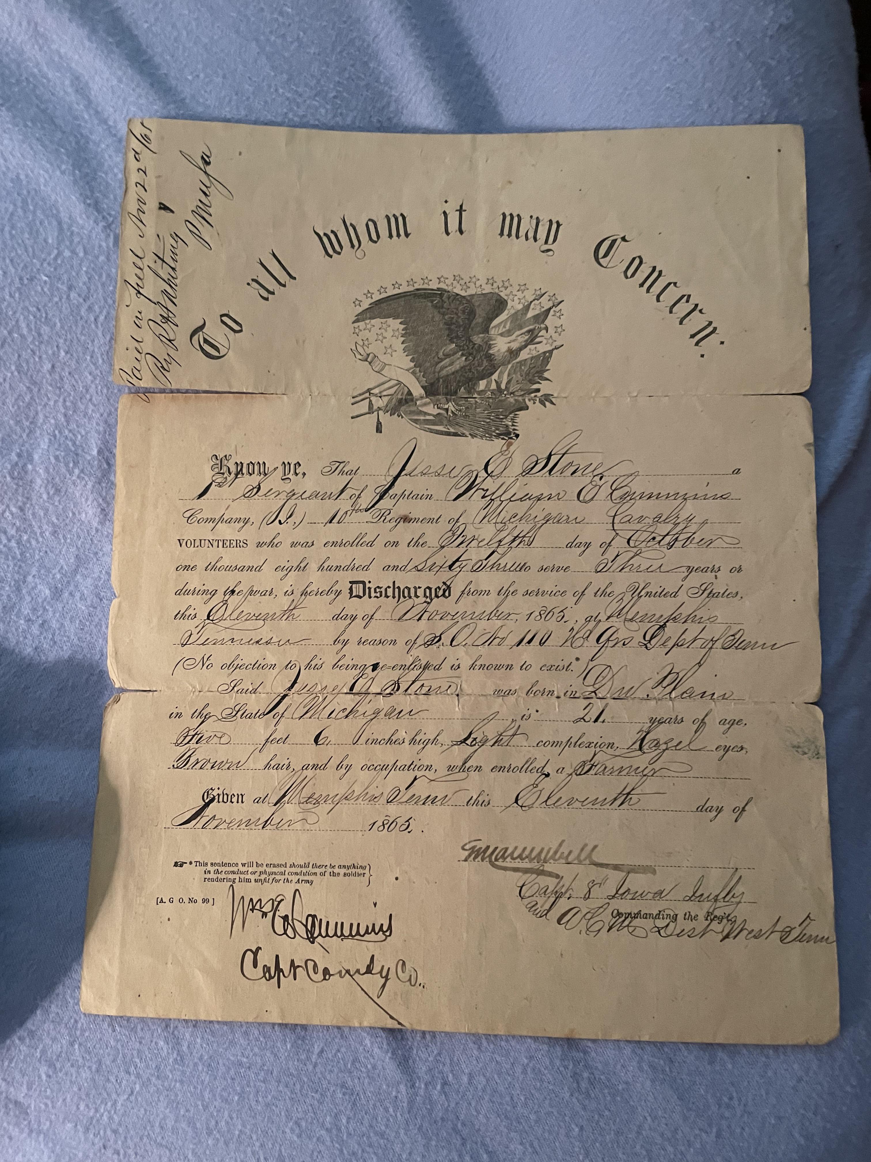 My great great grandfathers civil war discharge letter. | Scrolller