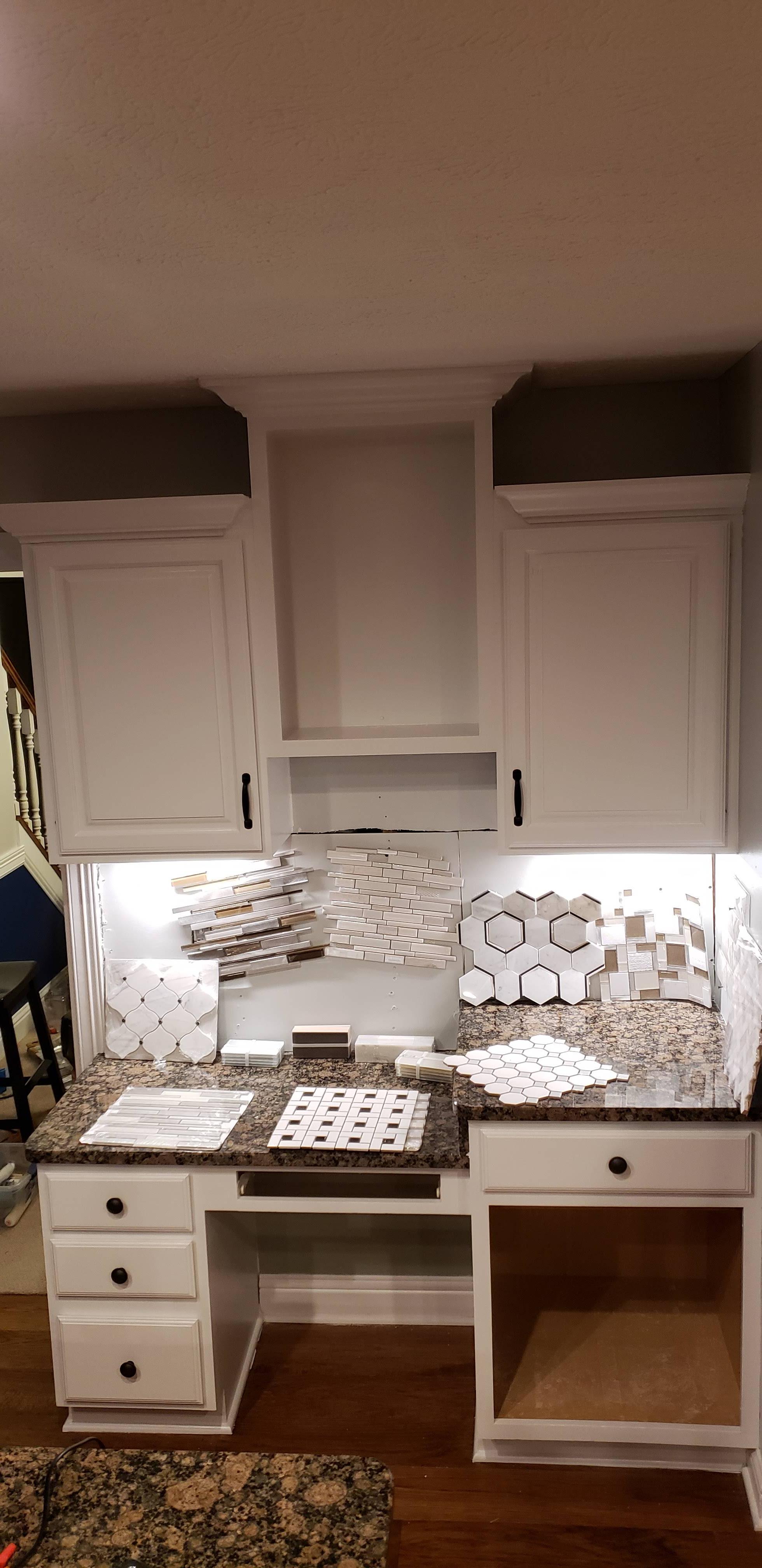 Need help with backsplash for white cupboards and busy dark countertop | Scrolller