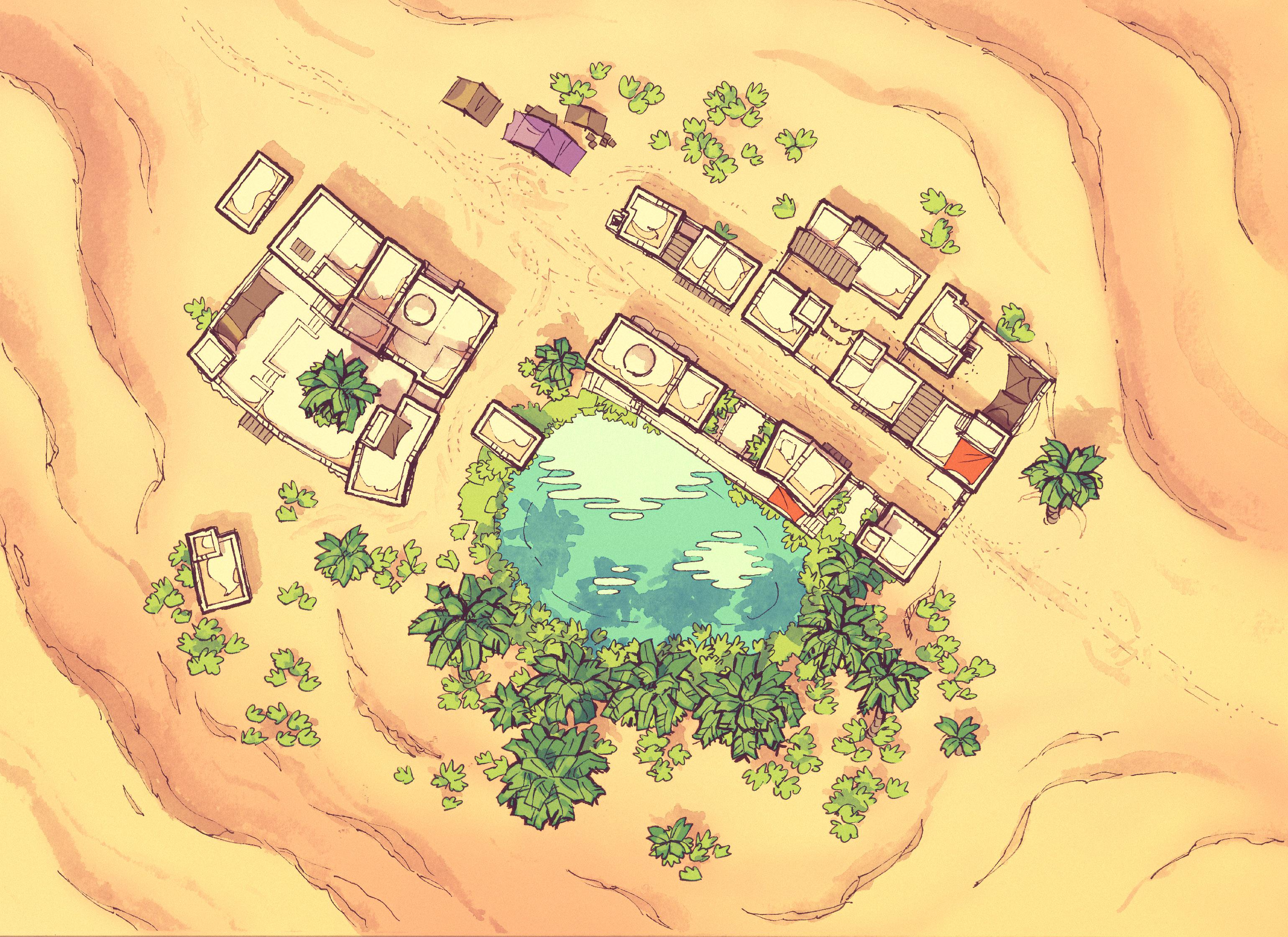 [OC][Settlement Map] A Hand-Drawn Desert Oasis Town Map | Scrolller