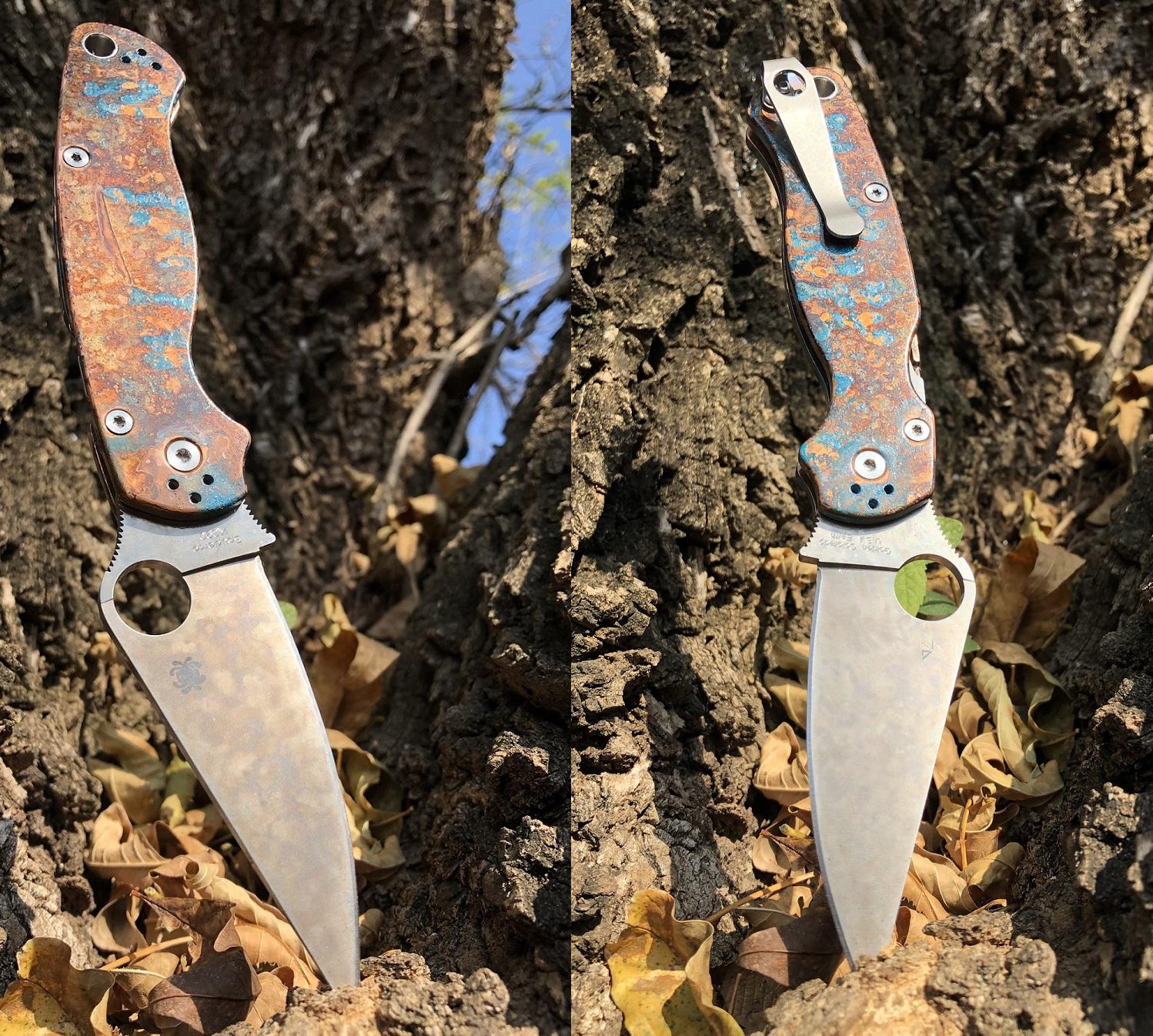 [OC] Spyderco Paramilitary 2 FrankenPatina - K390 forced patina blade / REX45 forced patina ...