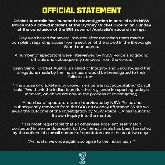 Official statement by cricket Australia | Scrolller
