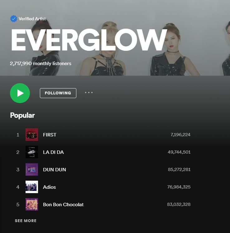 On Spotify, Everglow's title tracks are arranged in reverse chronological order, and it's ...