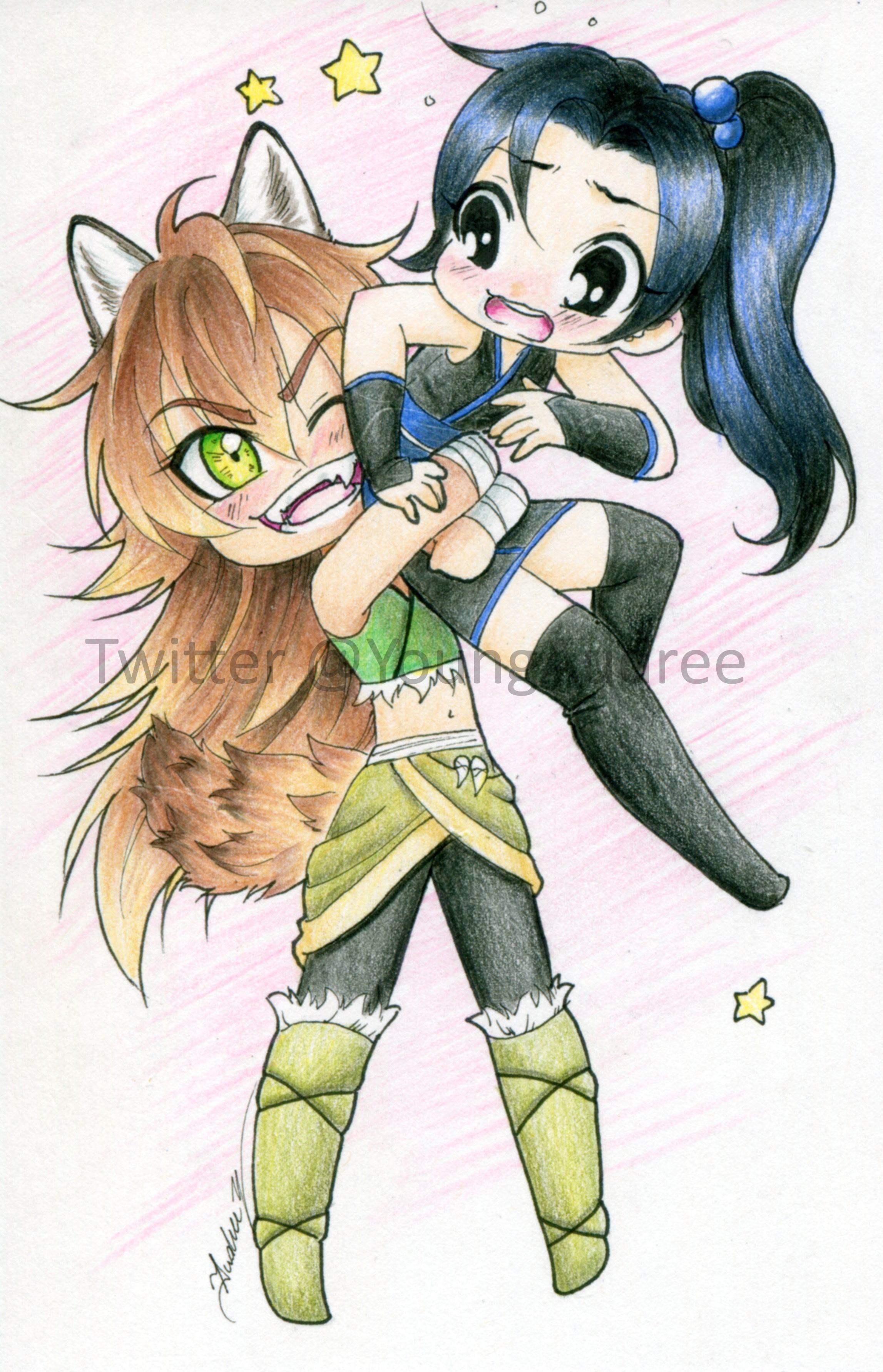 [Original] I finally got to draw my werewolf OC again, this time with her crush; ink and colored ...