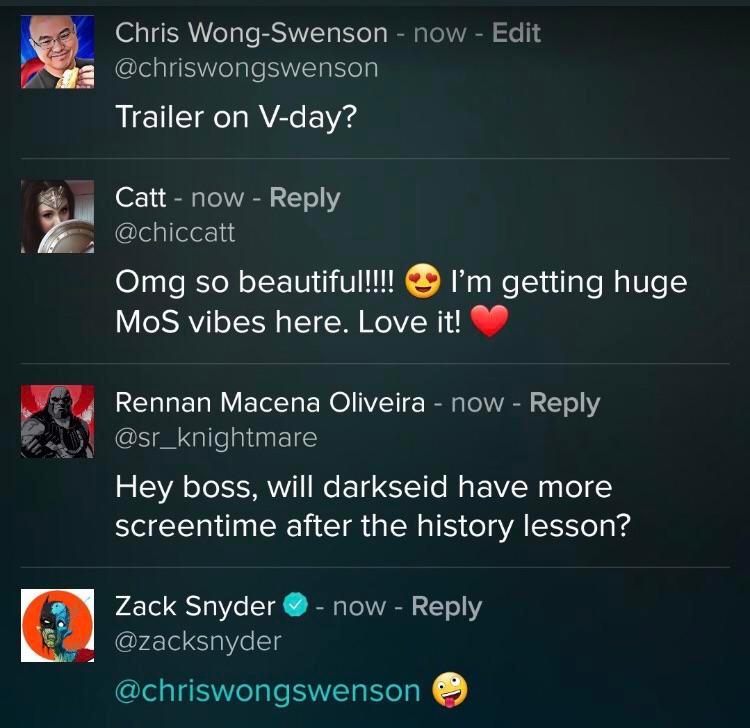 OTHER: Zack Snyder essentially confirms new trailer on February 14 ...