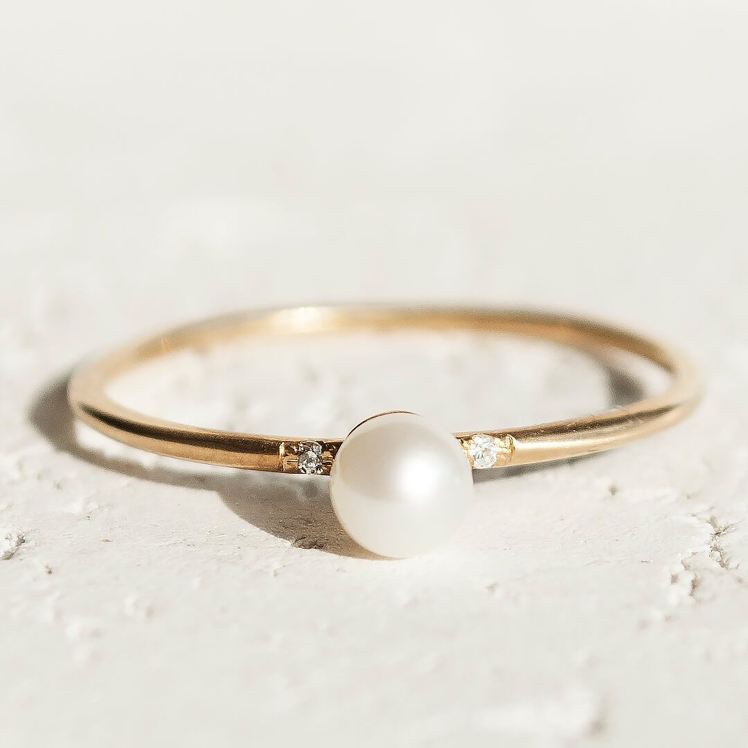 Pearl Ring with Diamonds (14K Solid Gold) | Scrolller