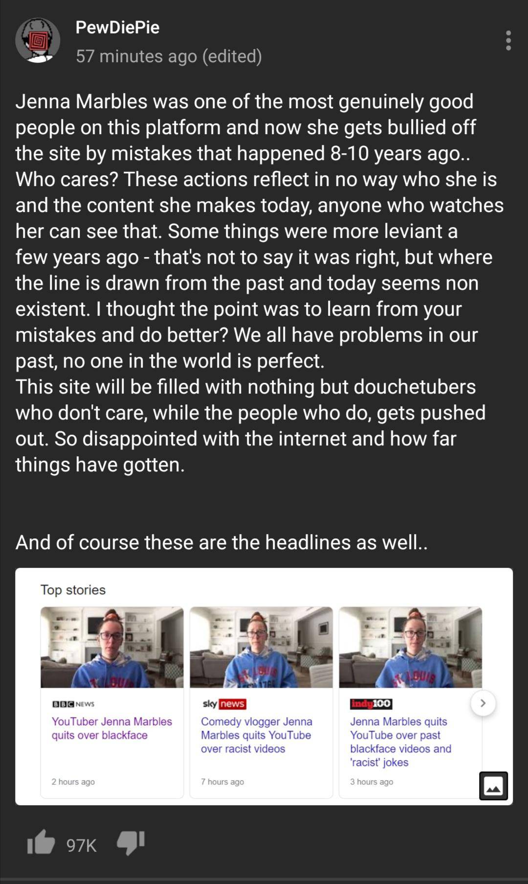 PewDiePie Supports Jenna | Scrolller