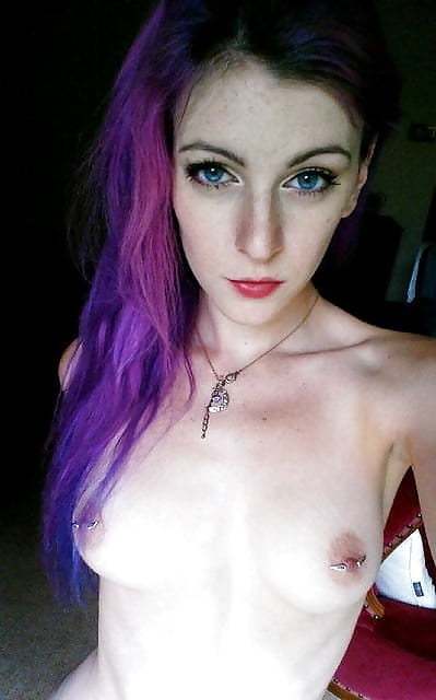 Purple Hair Topless Selfie With Pierced Nipples Scrolller
