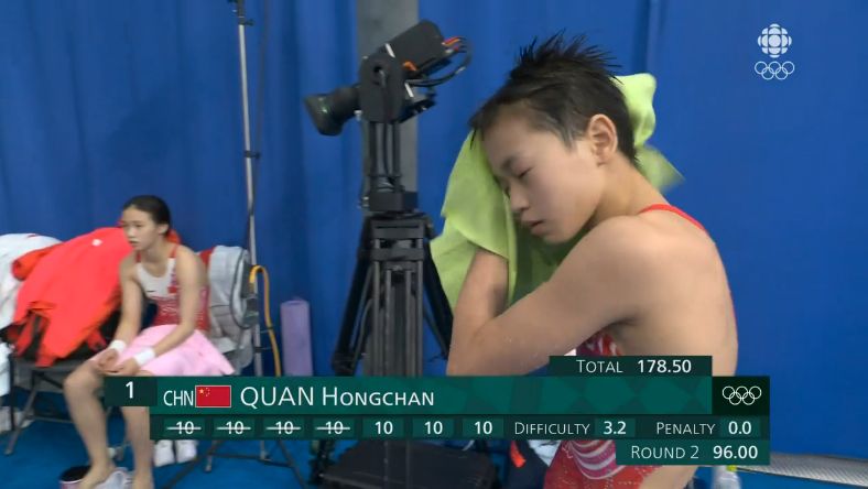 Quan Hongchan (China, 14) after a perfect dive. 7x10. | Scrolller