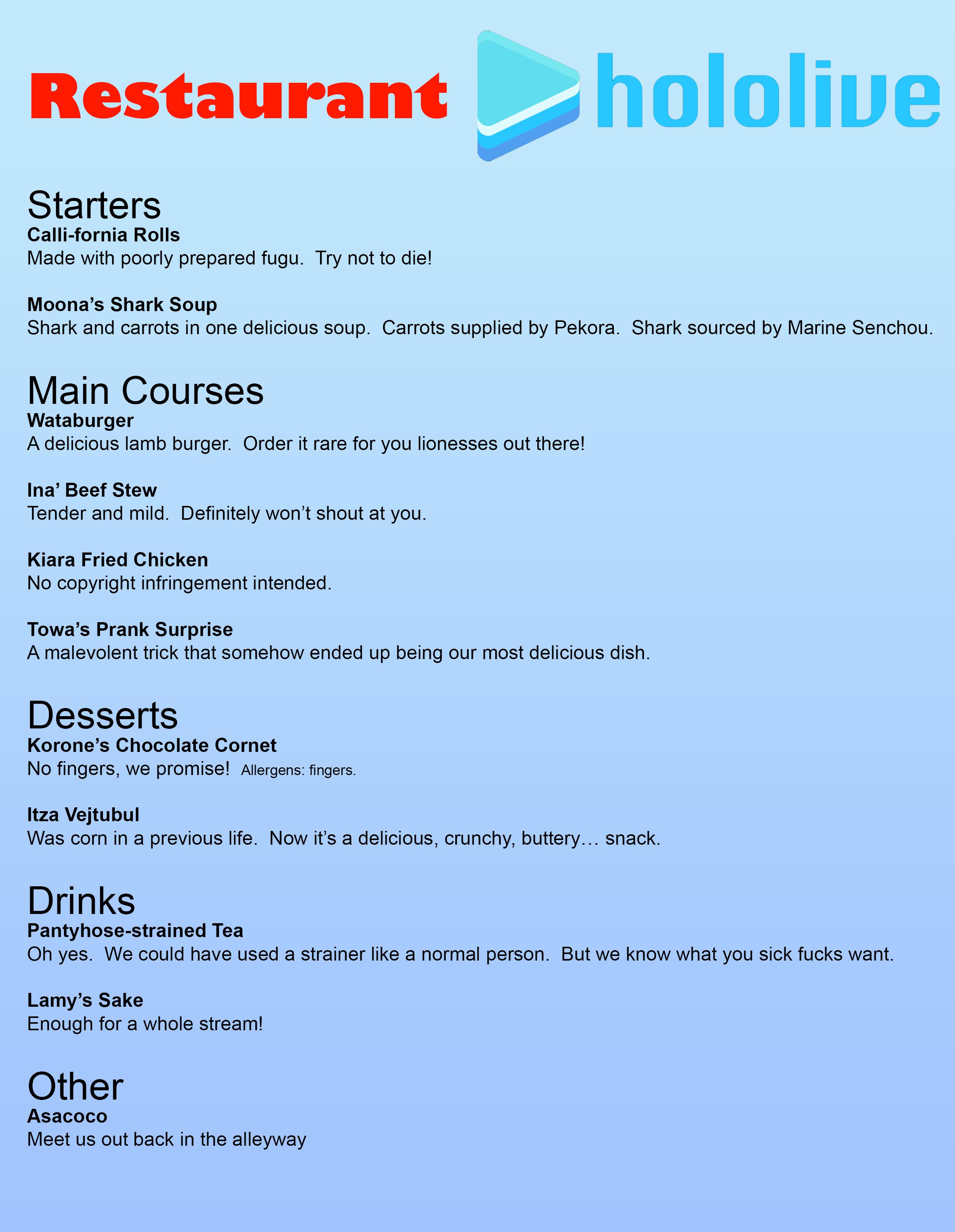 Restaurant Hololive Menu | Scrolller