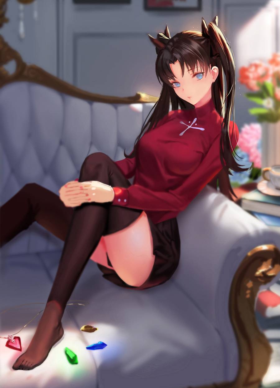 Rin Tohsaka sits and shows thigh | Scrolller