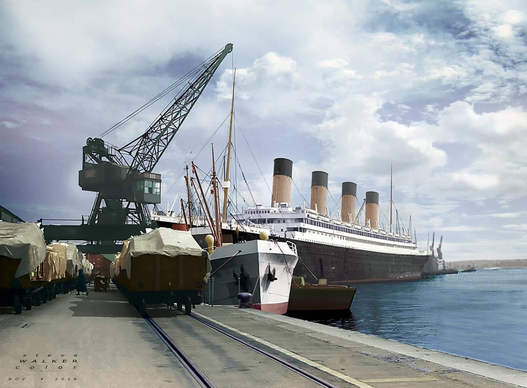 RMS Olympic towering above a dockside railway | Scrolller