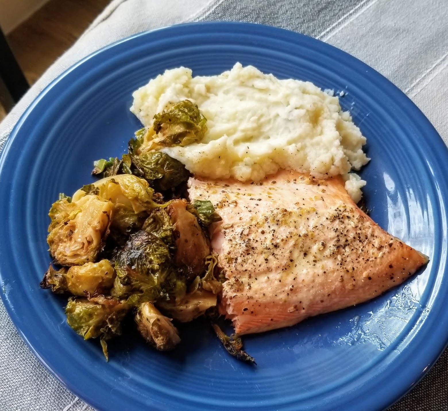 Roasted Arctic char, Brussels sprouts, and wasabi mashed potatoes | Scrolller