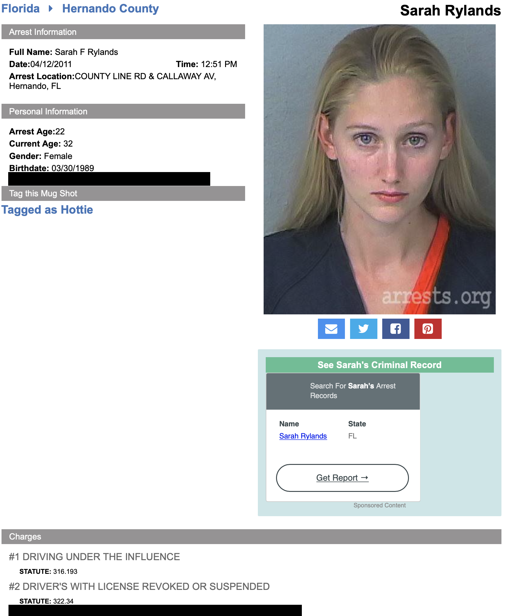 Sarah Rylands - DUI, Brooksville, FL | Scrolller