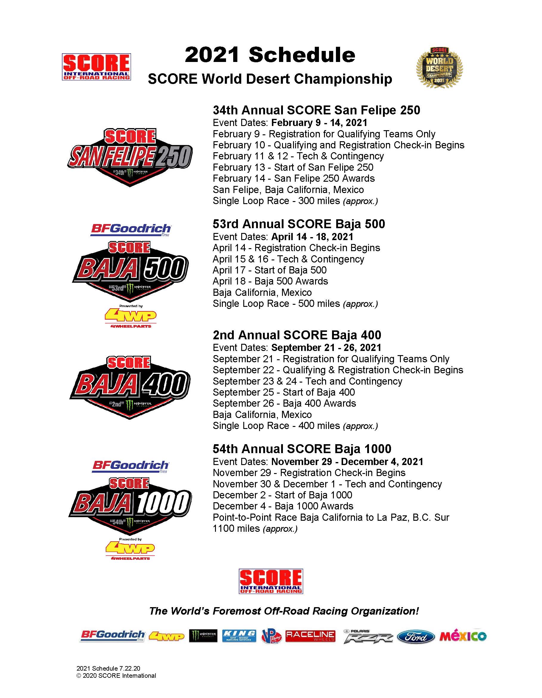 SCORE releases 2021 schedule, moves the SF 250 to the same weekend as KOH | Scrolller