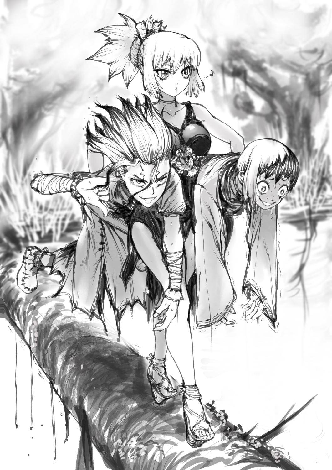 Senku, Gen and Kohaku bravely crossing a sharp cliff through an old fallen tree, drawn by me ...