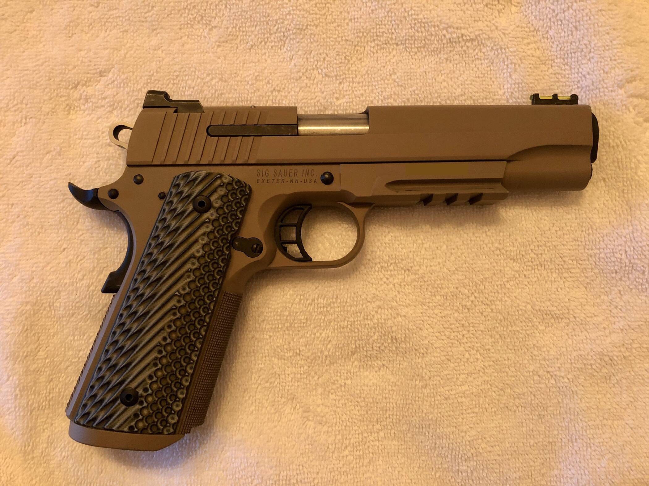 Sig TacOps 45ACP. New FDE Cerakote, skeleton trigger, Dawson FO front/10-8 rear sights. VZ ...
