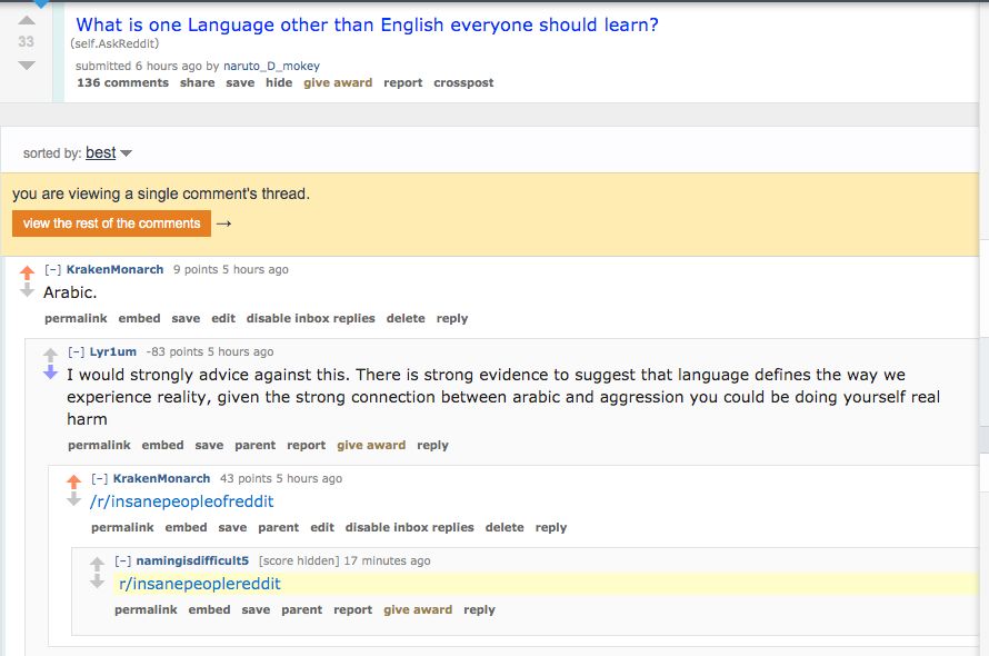 Speaking Arabic makes you aggressive so stick to English, a language with no aggression or hate ...
