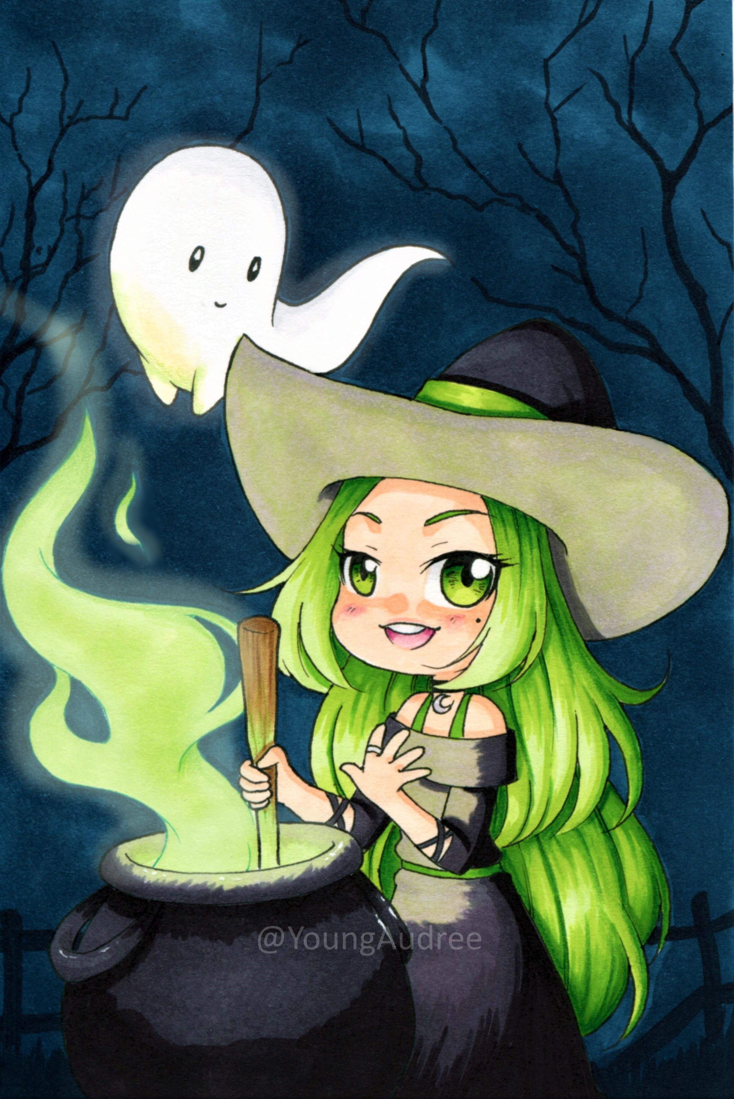 Spooky time with my chibi witch OC [ORIGINAL, SELF] Alcohol Markers | Scrolller