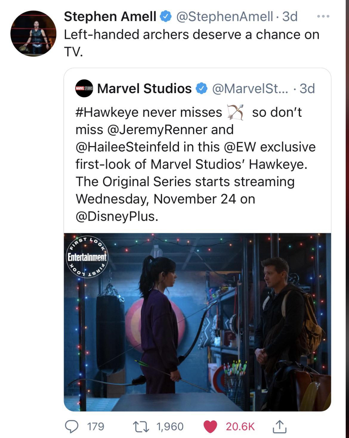Stephen Amell, who played Green Arrow in the DC CW shows shows his support for Hawkeye | Scrolller