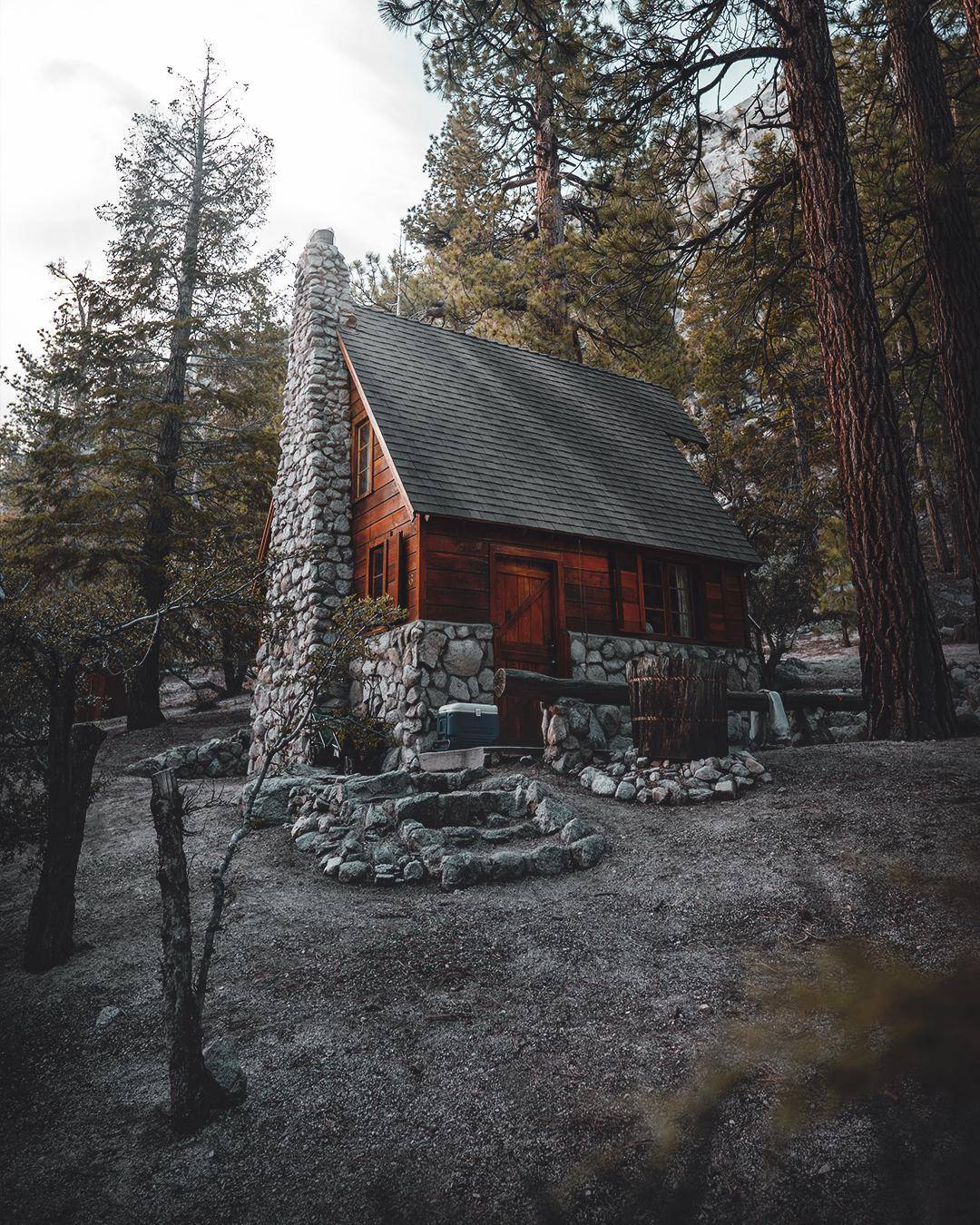 Stone and wood cabin near Mt. Whitney, California | Scrolller