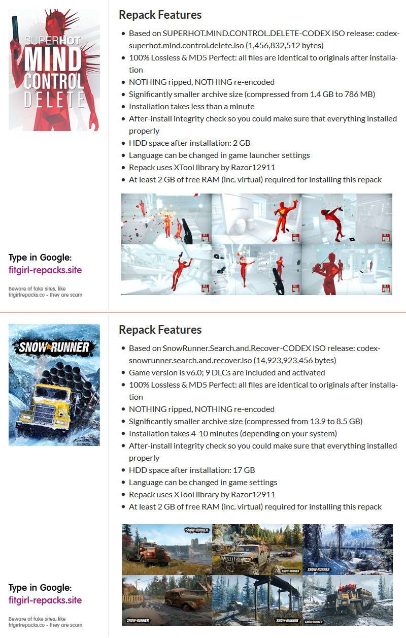 Superhot: Mind Control Delete (MULTi14) 786 MB / SnowRunner (v6.0 + 9 DLCs, MULTi11) 8.5 GB ...