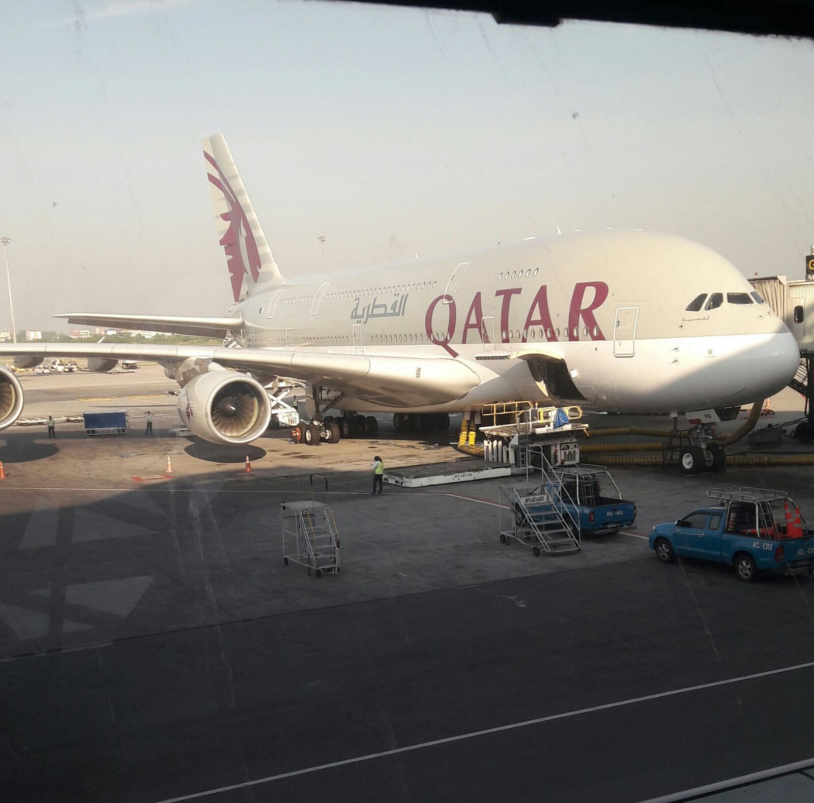 The beauty and the beast... Qatar Airbus 389, departing from Bangkok to Doha, yesterday. Isn't ...