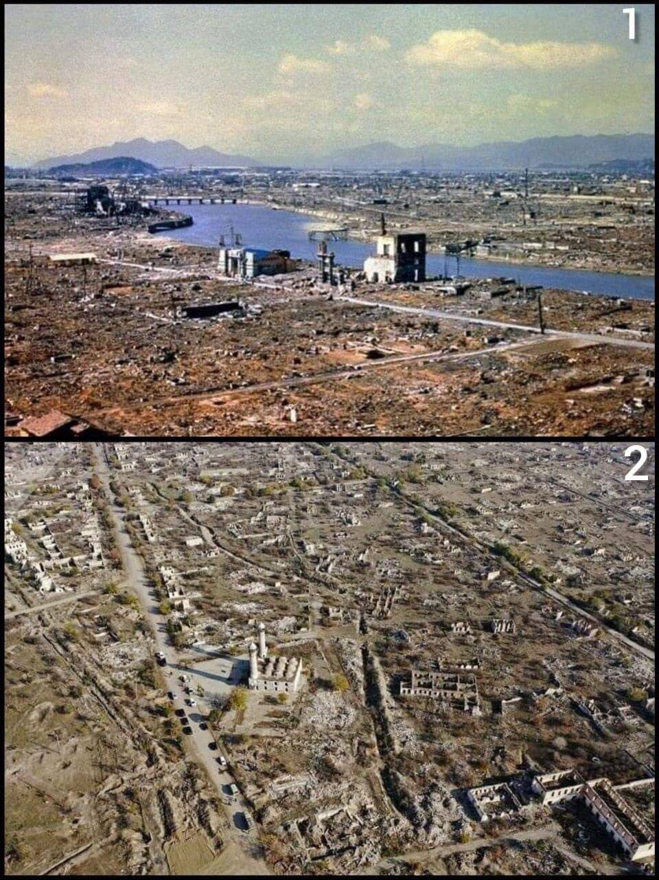 The first photo is Hiroshima after the atomic bomb’s explosion. The second photo is Agdam after ...