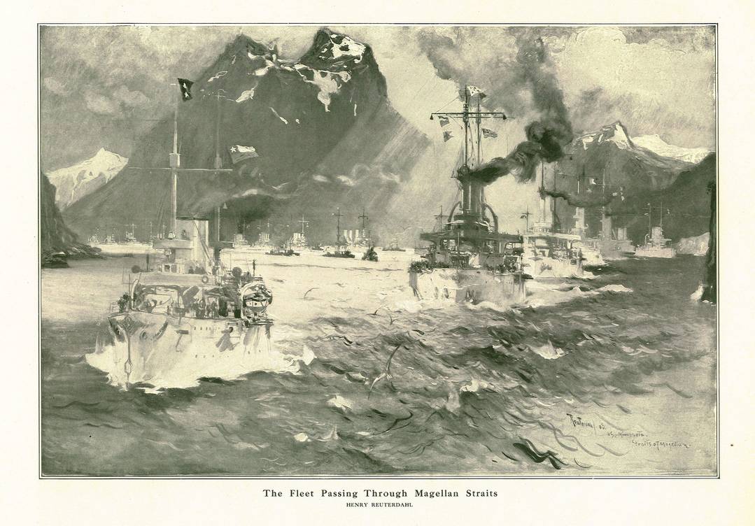 The Fleet Passing Through Magellan Straits by Henry Reuterdahl. 1908 | Scrolller