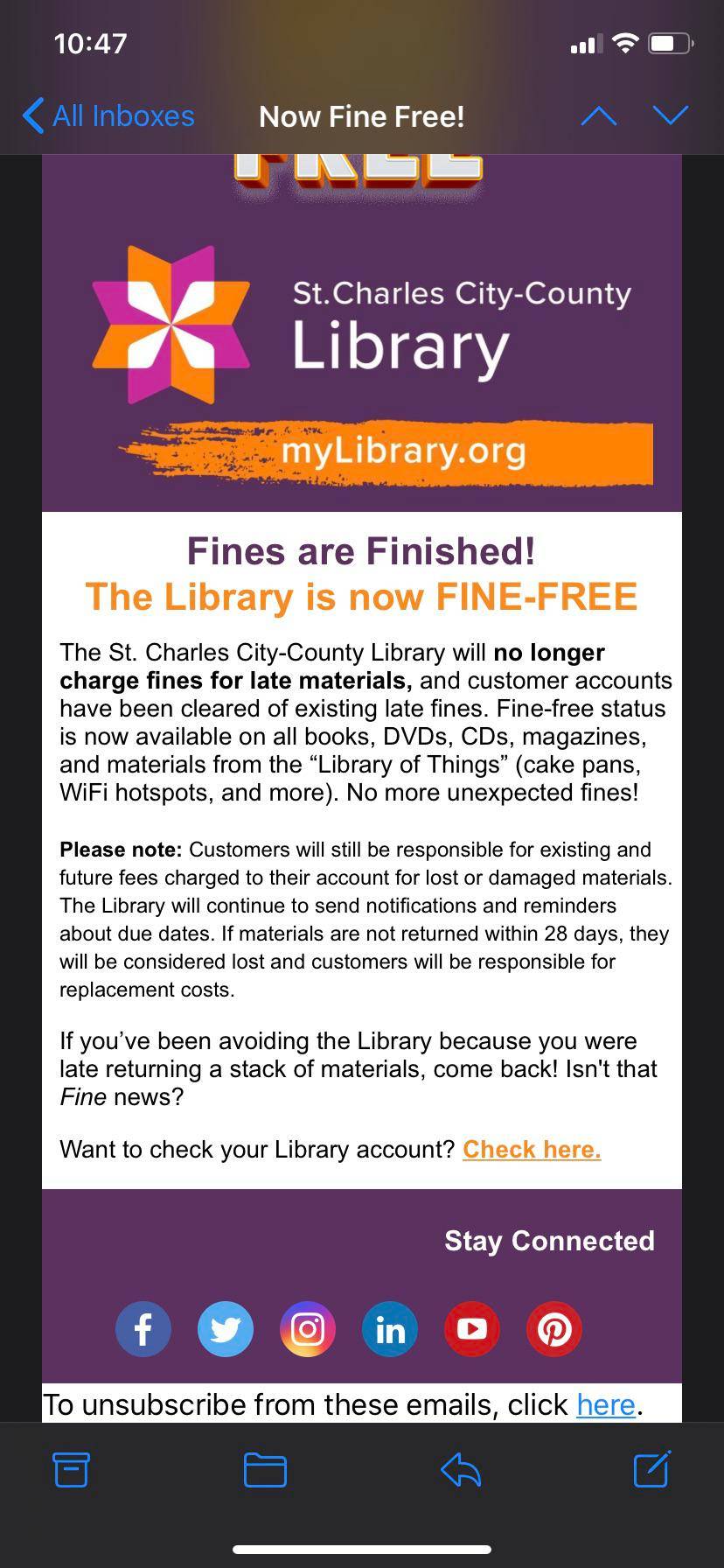 The libraries are now fine-free! Old fines are forgiven. Go read a book! (Or what a movie or ...